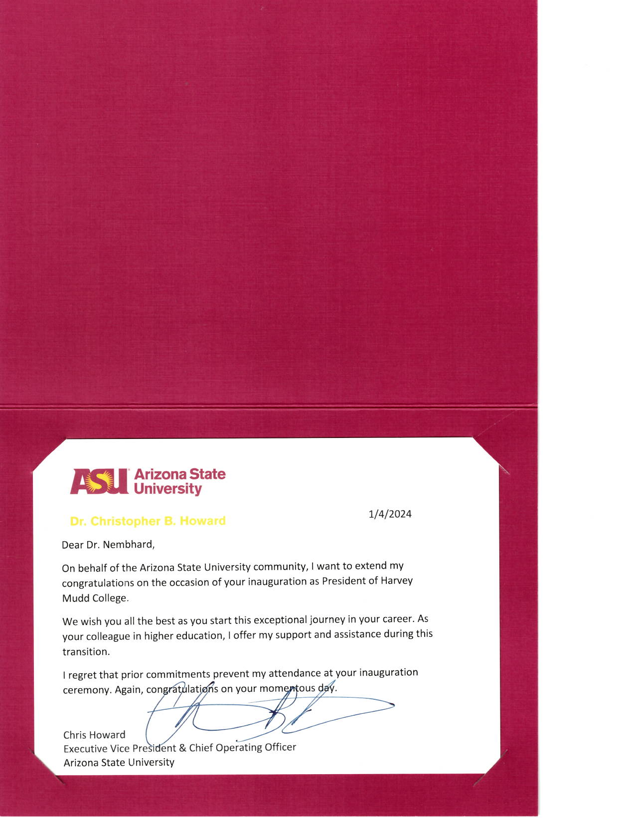 Arizona State University | Letters of Congratulations | Harvey Mudd College