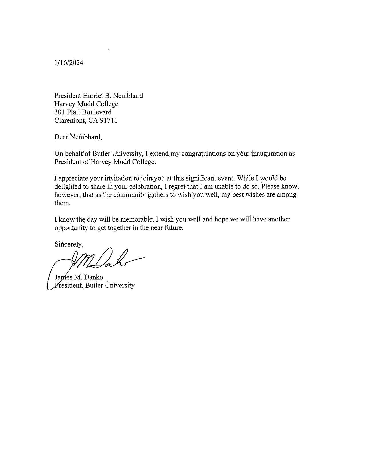 Butler University | Letters of Congratulations | Harvey Mudd College