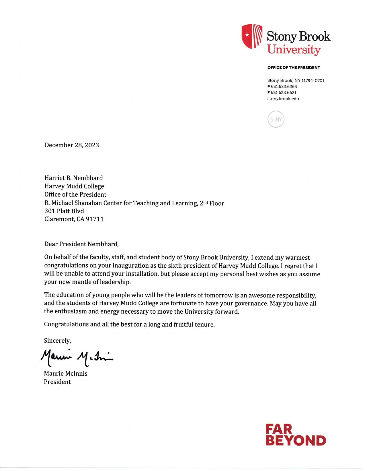 Stony Brook University | Letters of Congratulations | Harvey Mudd College