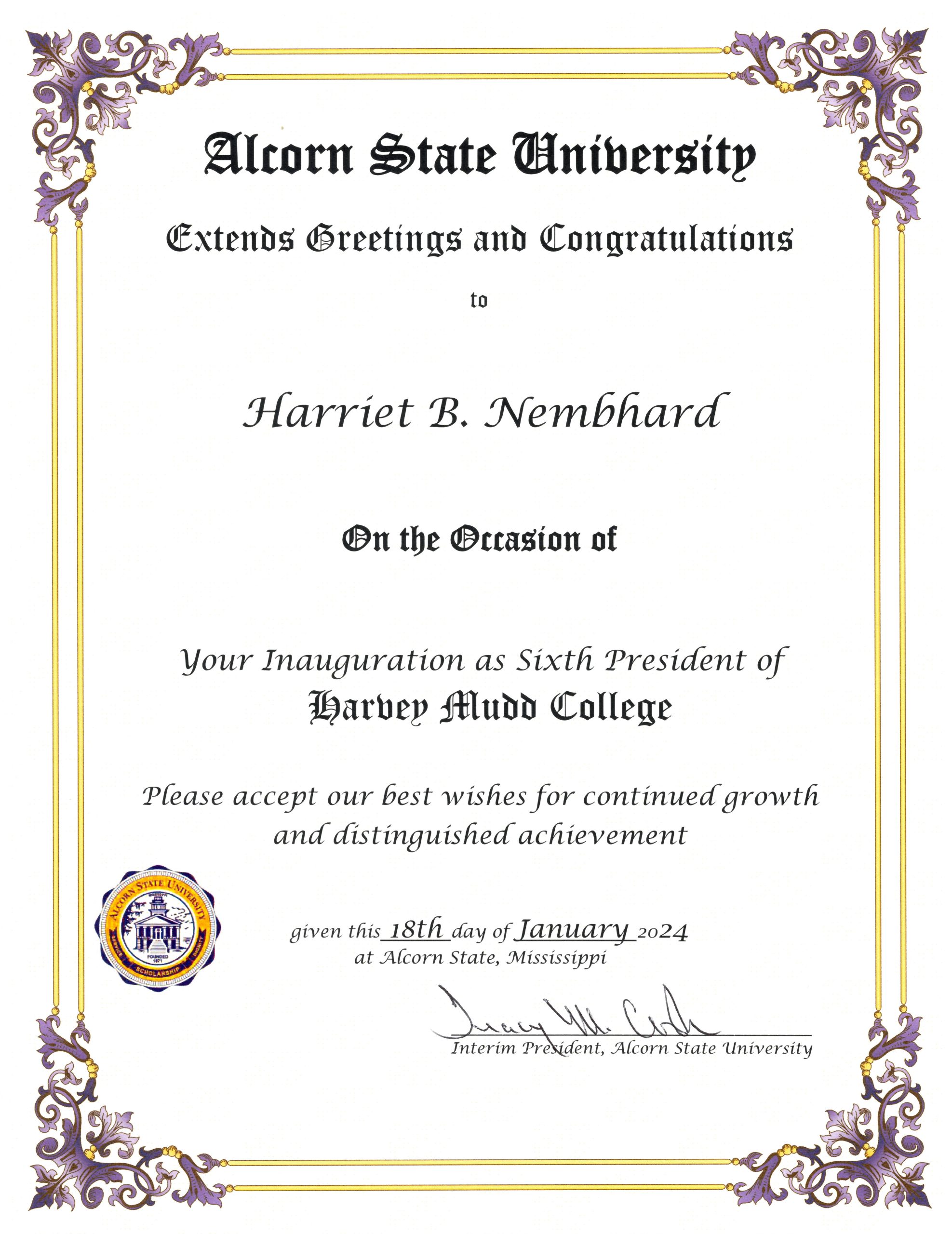 Alcorn State University | Letters of Congratulations | Harvey Mudd College