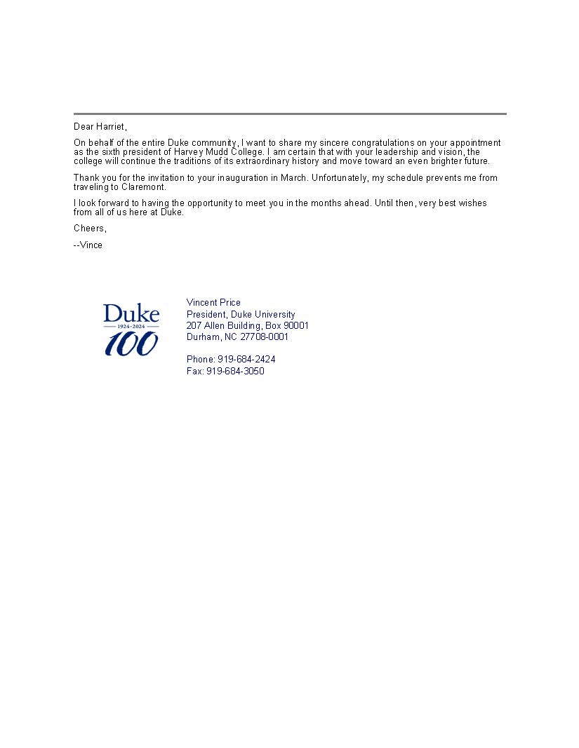 Duke University | Letters of Congratulations | Harvey Mudd College