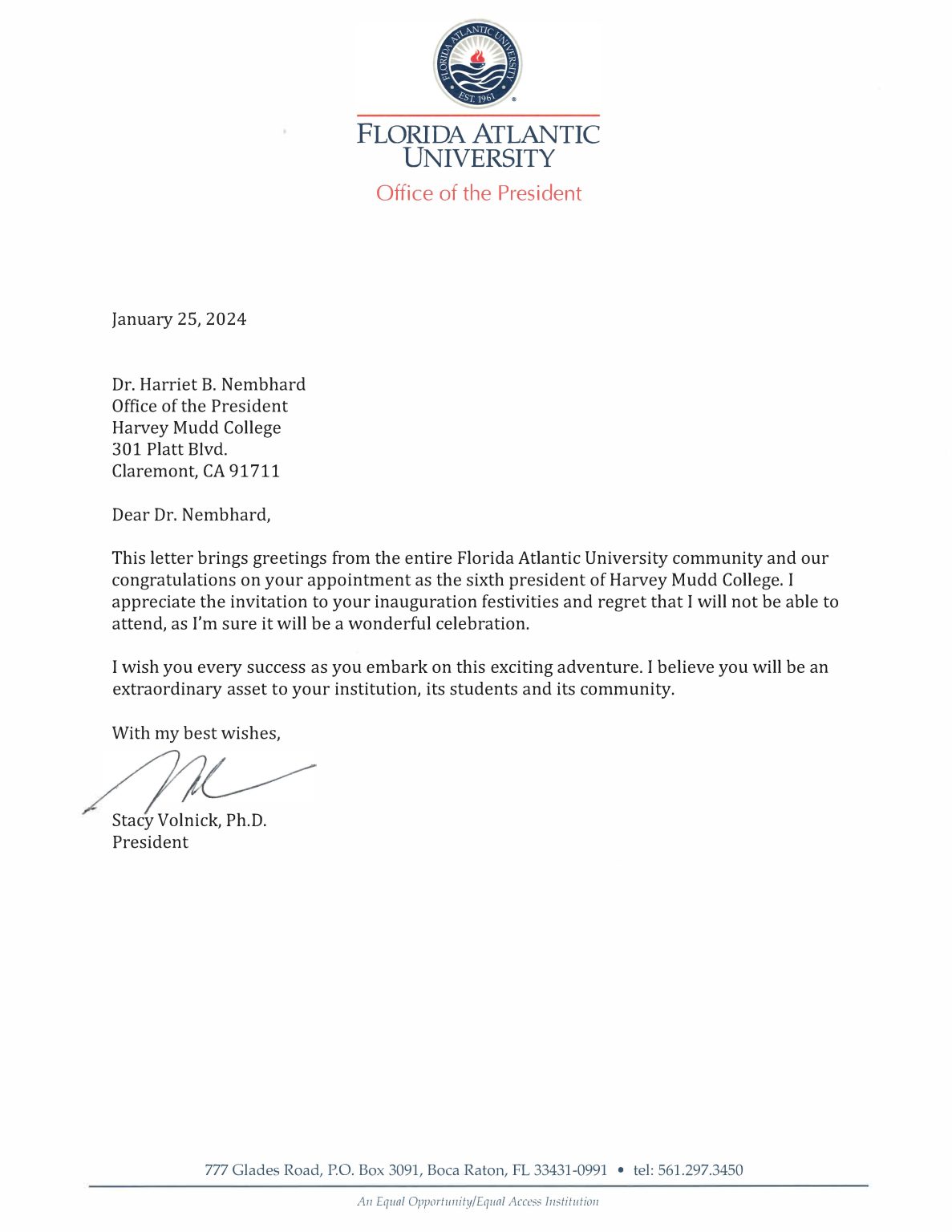 Florida Atlantic University | Letters of Congratulations | Harvey Mudd ...