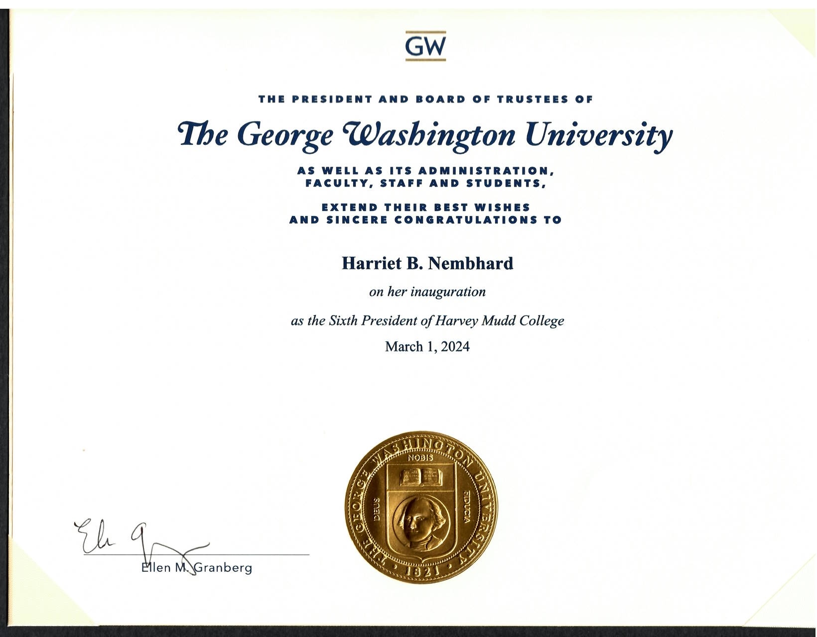 George Washington University Letters Of Congratulations Harvey Mudd College