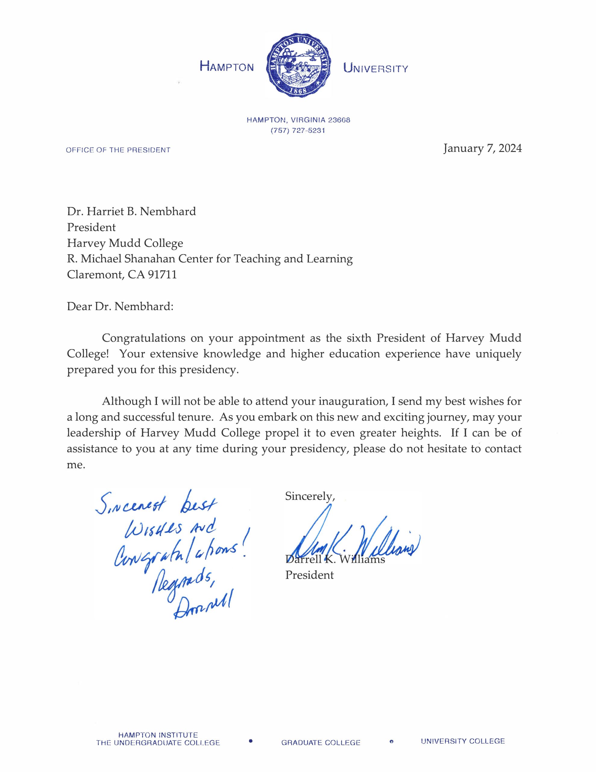 Hampton University | Letters of Congratulations | Harvey Mudd College