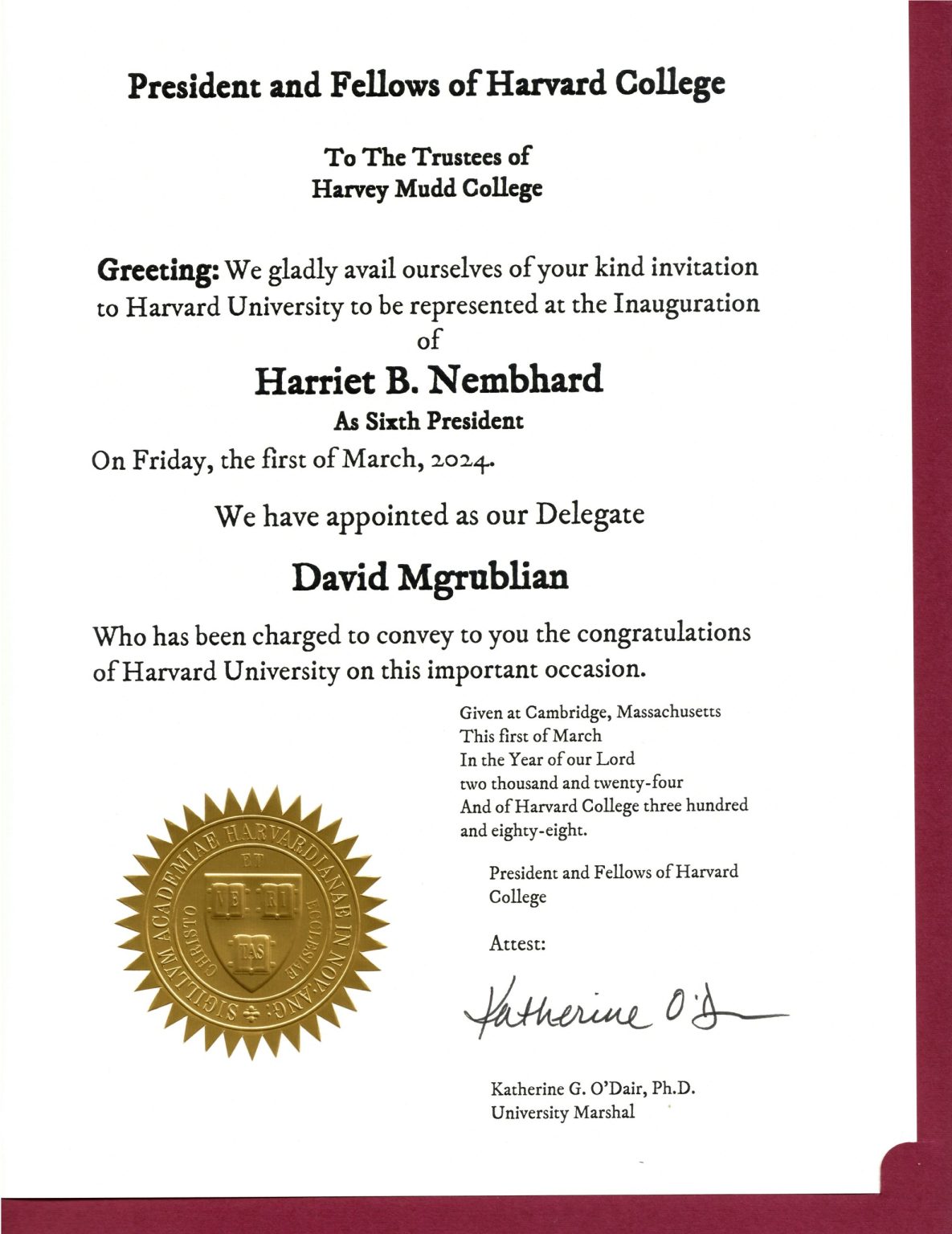 Harvard University | Letters of Congratulations | Harvey Mudd College