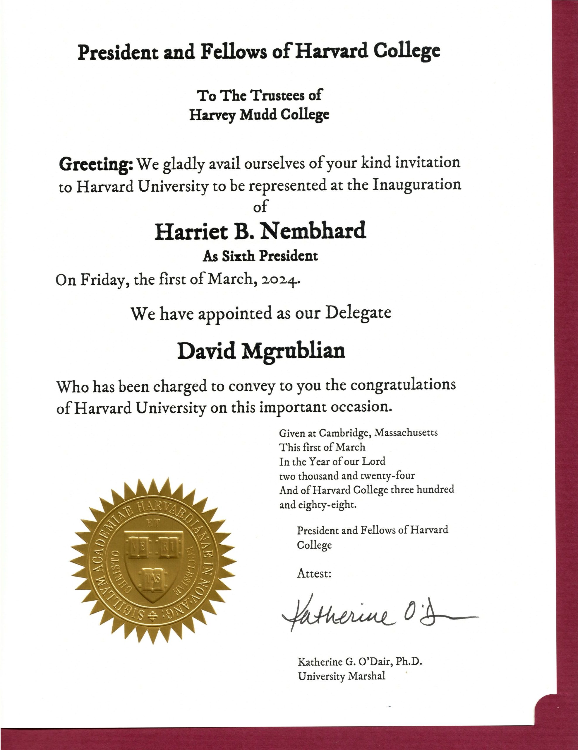 Harvard University | Letters of Congratulations | Harvey Mudd College