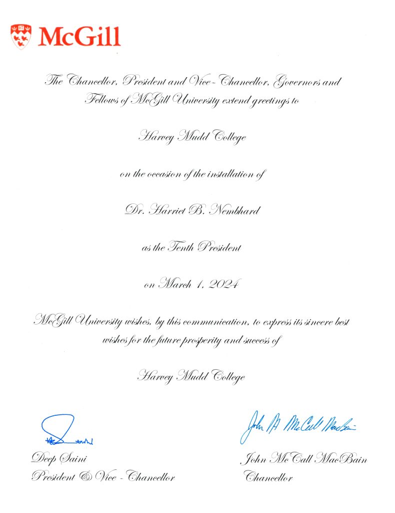 McGill University | Letters of Congratulations | Harvey Mudd College
