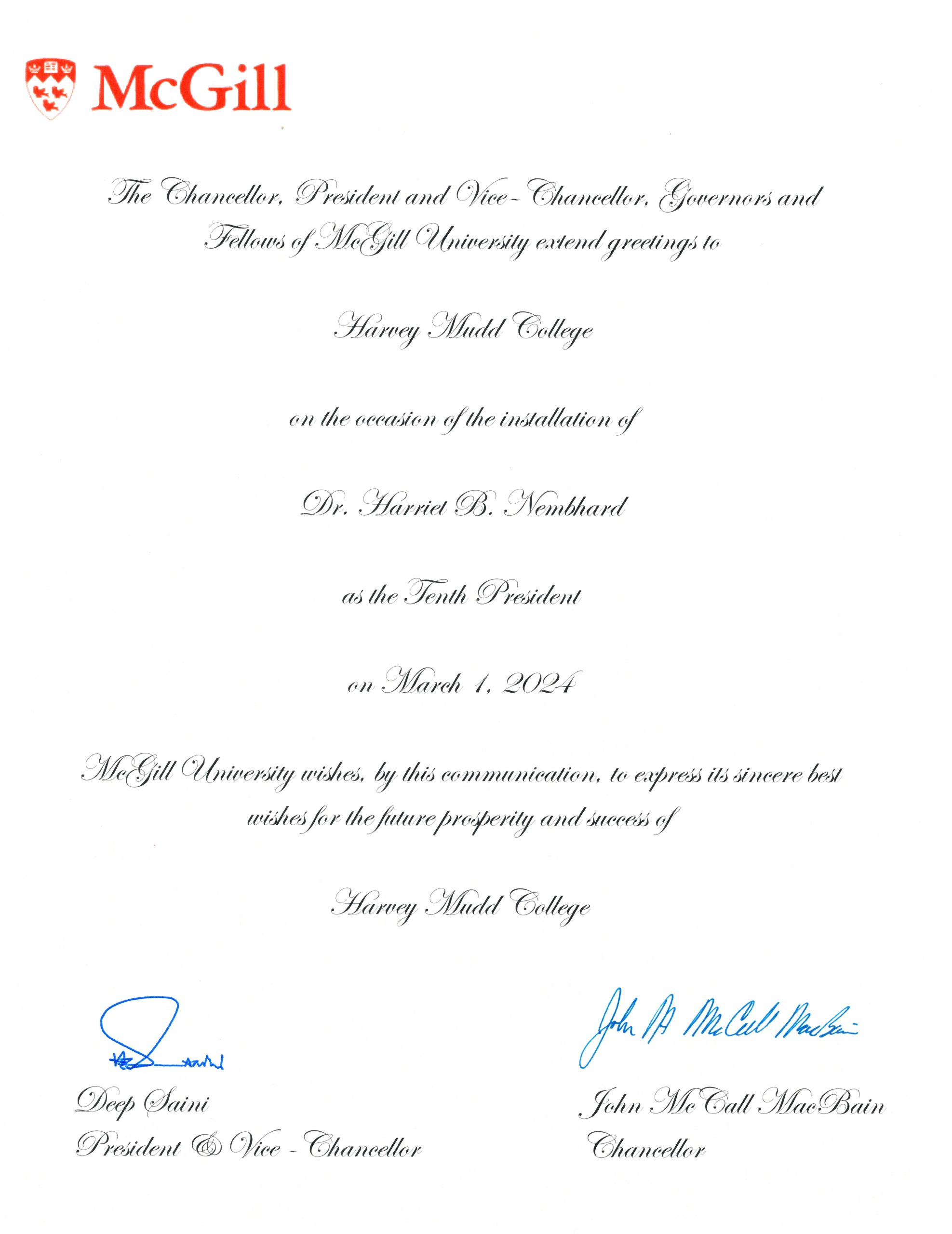 McGill University | Letters of Congratulations | Harvey Mudd College