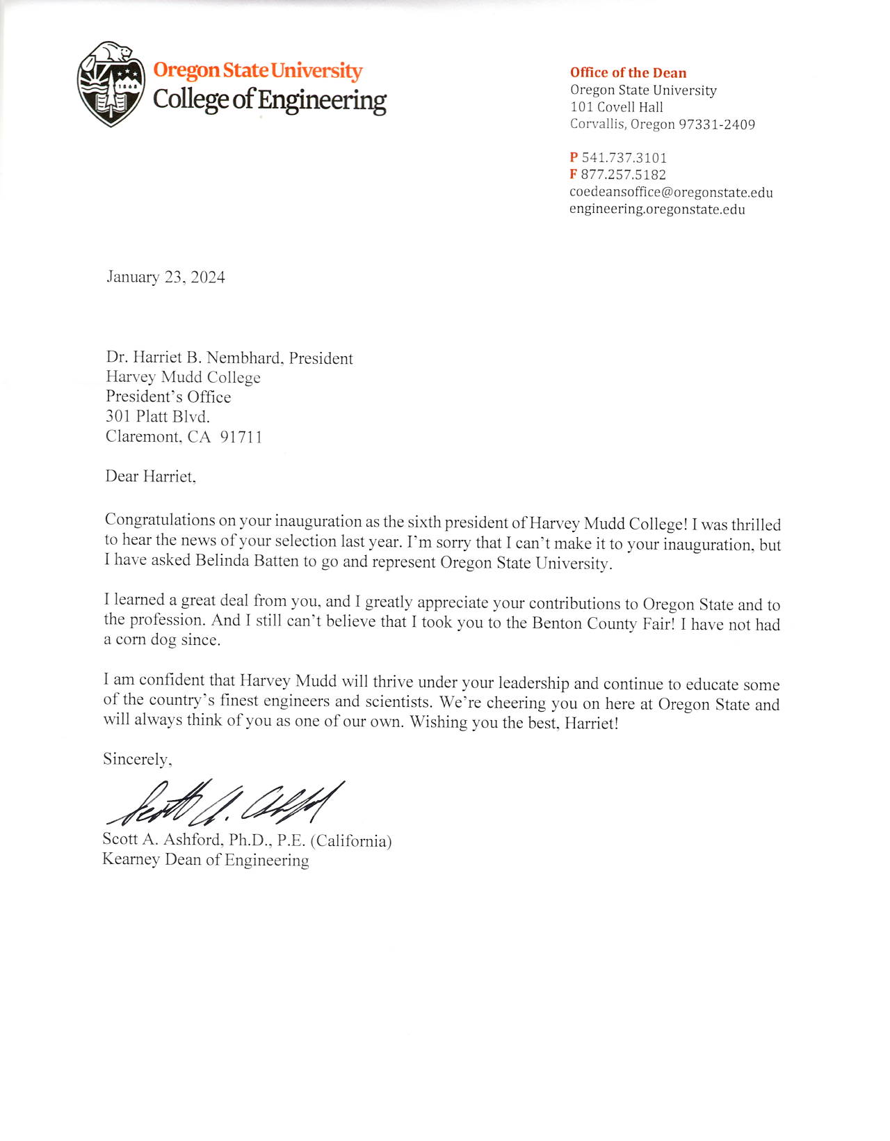 Oregon State University | Letters of Congratulations | Harvey Mudd College