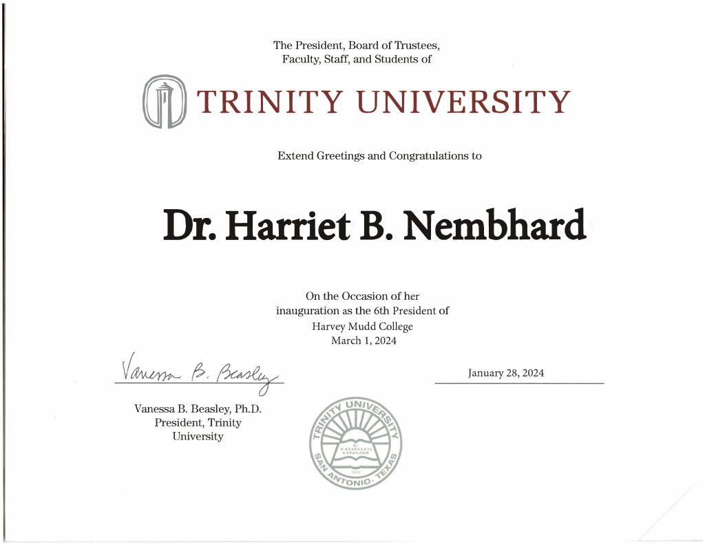 Trinity University | Letters of Congratulations | Harvey Mudd College