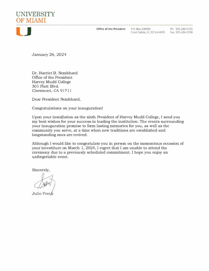 University of Miami | Letters of Congratulations | Harvey Mudd College