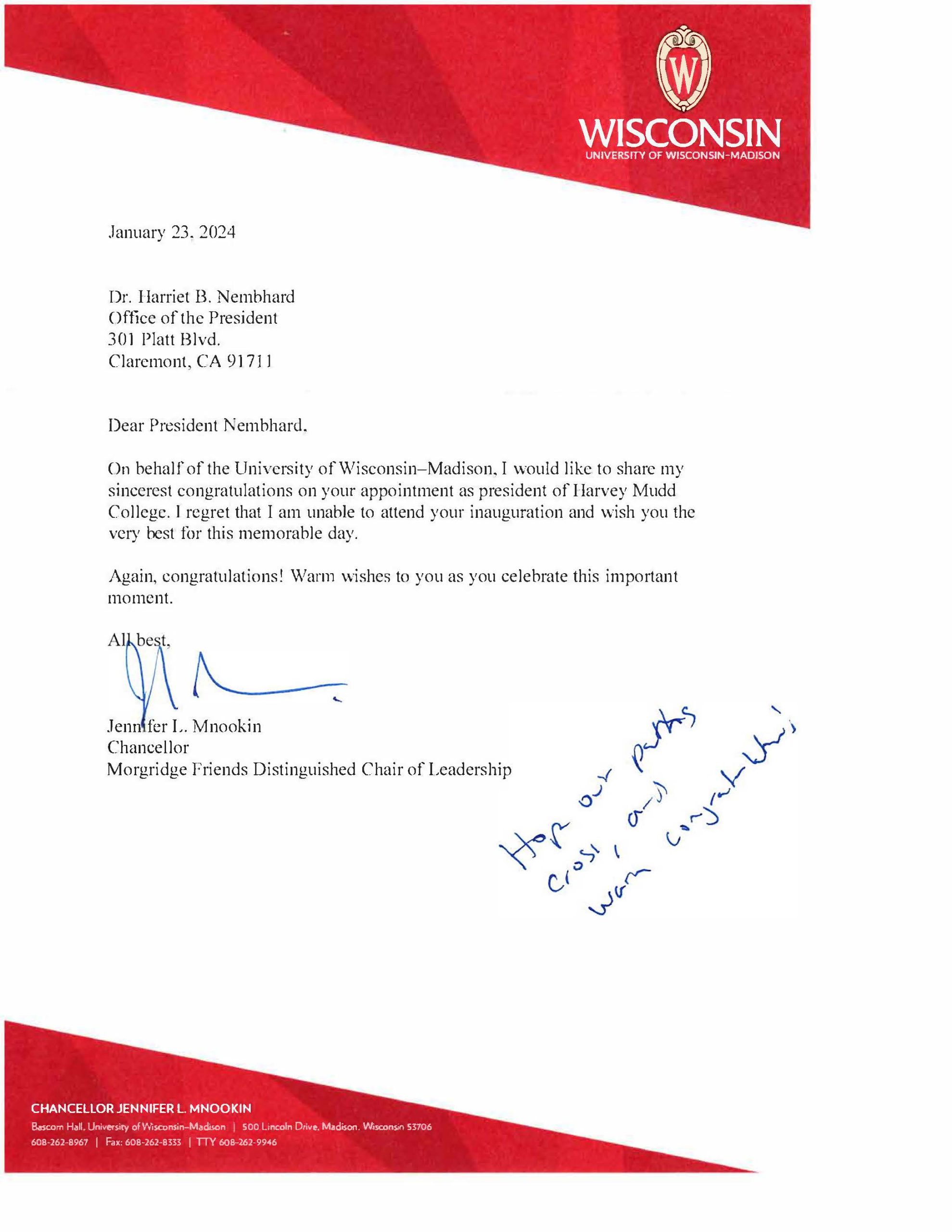 University of Wiconsin-Madison | Letters of Congratulations | Harvey ...