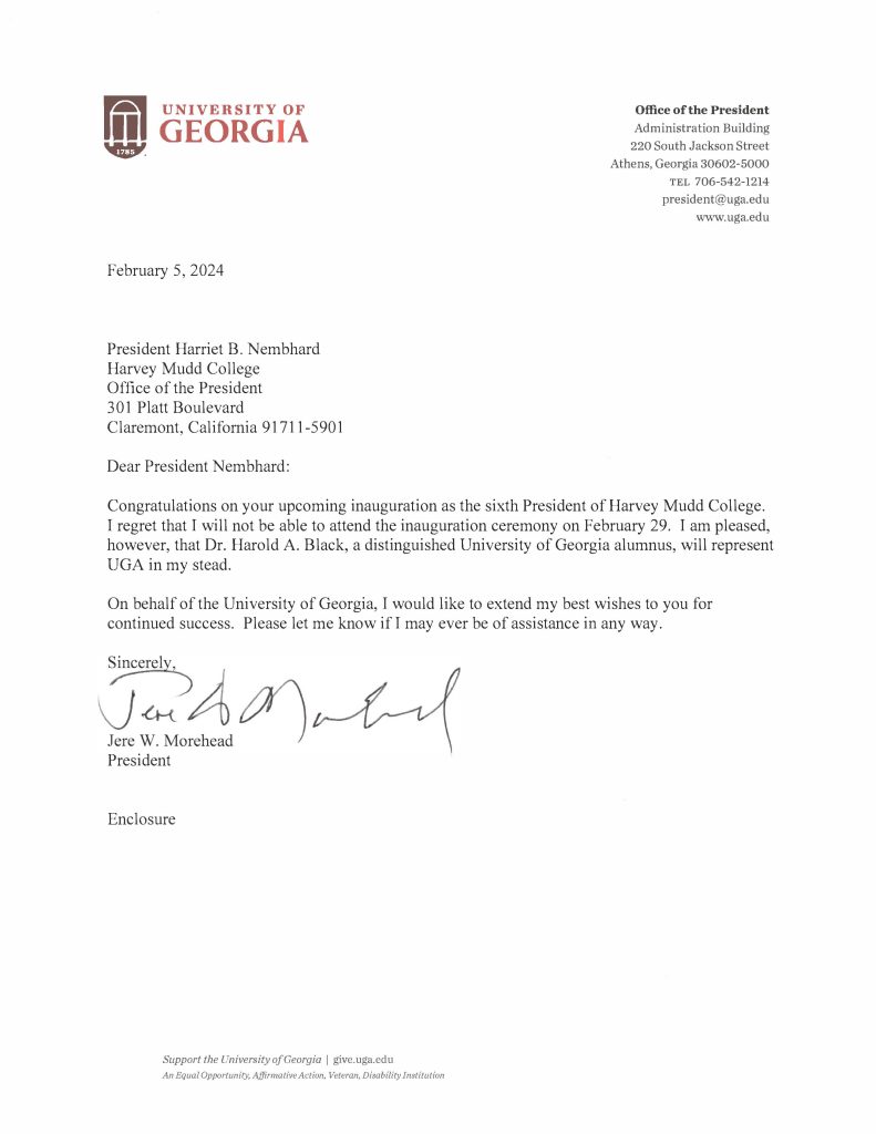 University of Georgia | Letters of Congratulations | Harvey Mudd College