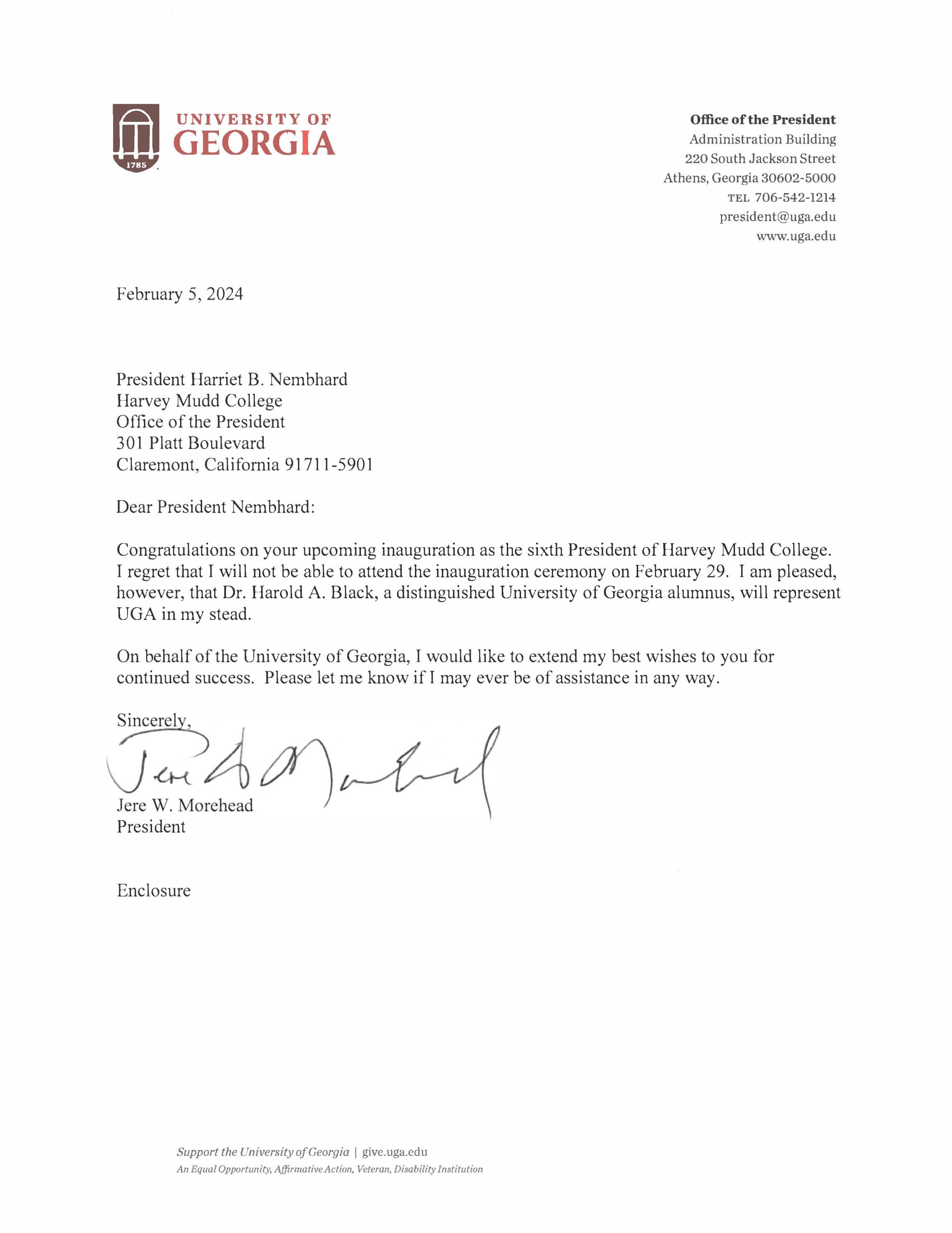 University of Georgia | Letters of Congratulations | Harvey Mudd College