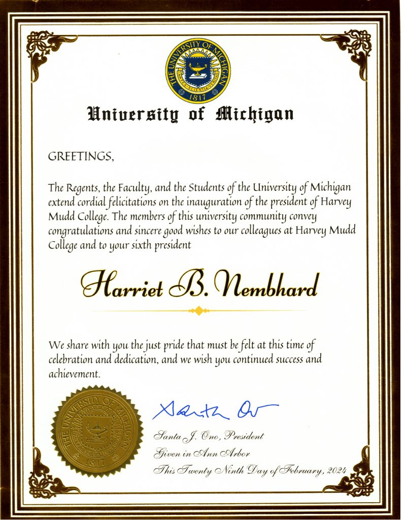 University of Michigan | Letters of Congratulations | Harvey Mudd College