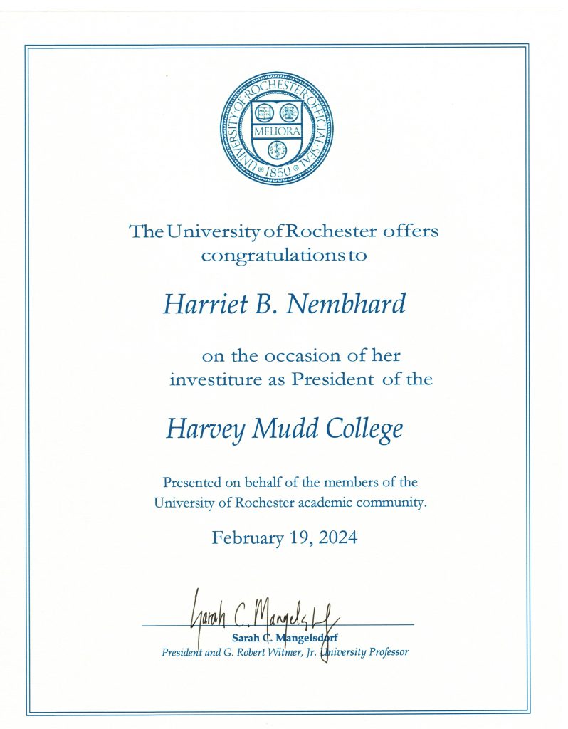University of Rochester | Letters of Congratulations | Harvey Mudd College