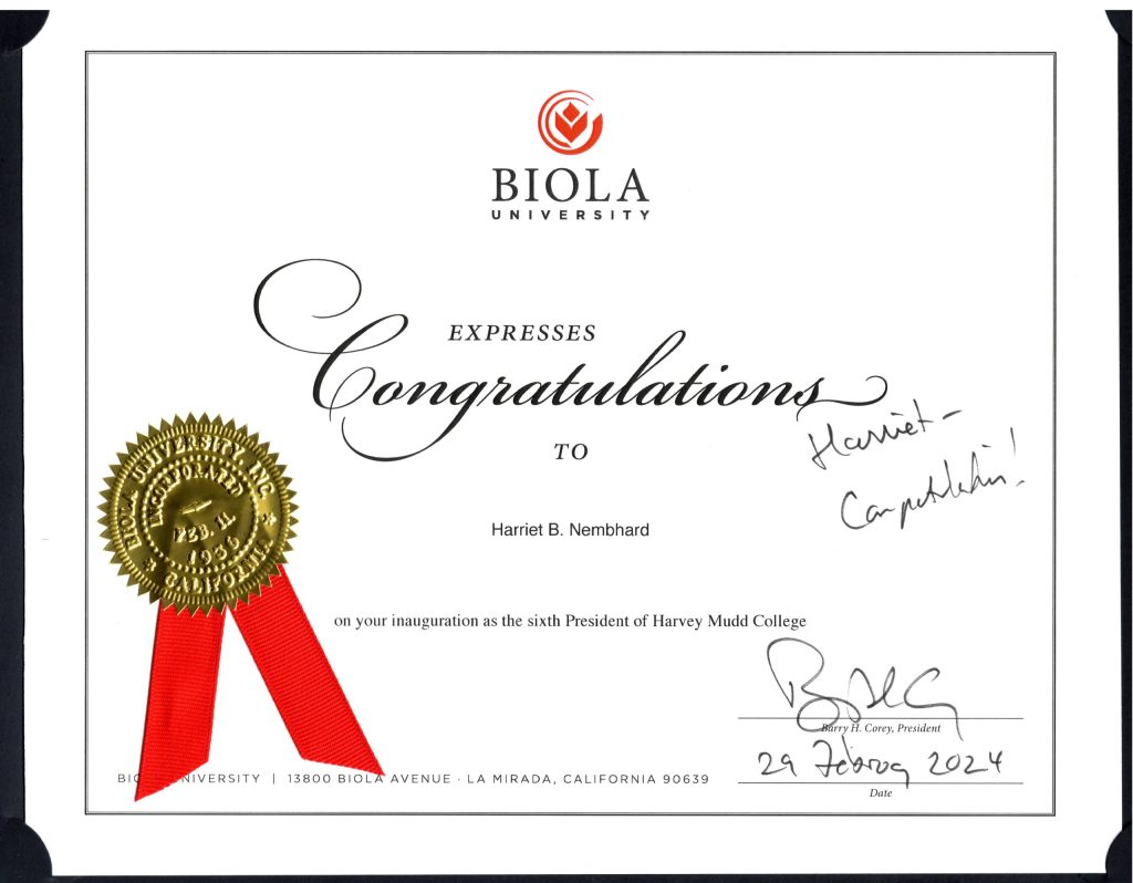 Biola University | Letters of Congratulations | Harvey Mudd College