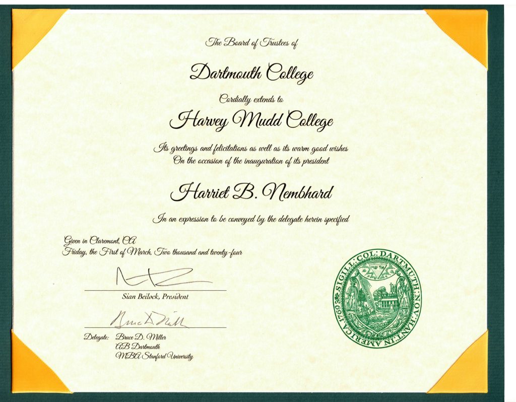 Dartmouth College | Letters of Congratulations | Harvey Mudd College